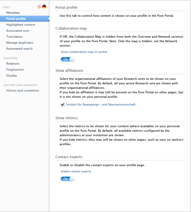 CRIS portal features (e.g. Network map, Fingerprints, SDG Buttons ...
