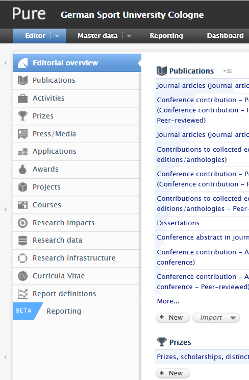 CRIS data types (e.g. Researchers, Research units, Publications ...